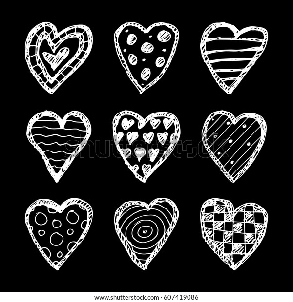 Set Hand Drawn Hearts Black Background Stock Vector (Royalty Free ...