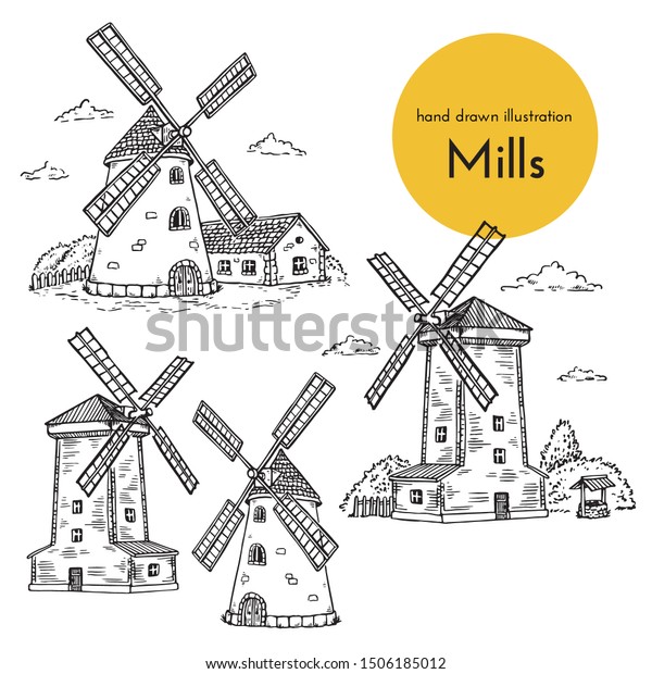Set Hand Drawn Illustrations Windmills Sketches Stock Vector (Royalty ...