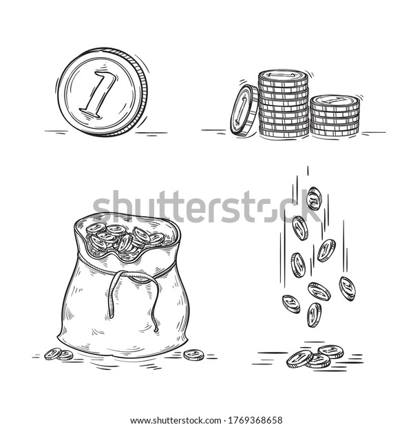Set Hand Drawn Monochrome Outline Coins Stock Vector (Royalty Free ...