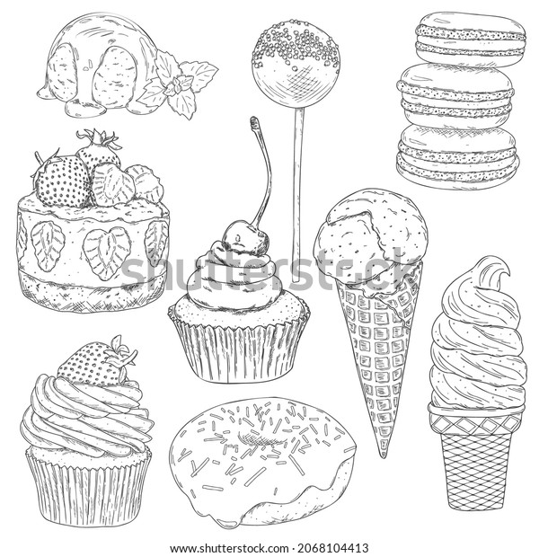 Set Hand Drawn Outline Different Desserts Stock Vector (Royalty Free ...
