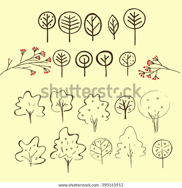 Set Hand Drawn Outline Sign Trees Stock Vector (Royalty Free) 390163912 ...