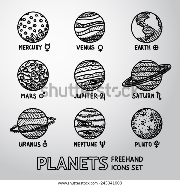 Set Hand Drawn Planet Icons Names 库存矢量图（免版税）245341003