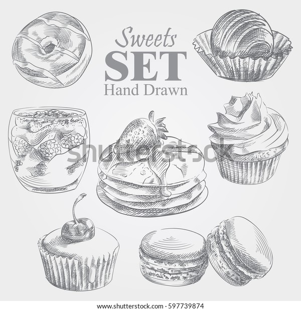 Set Hand Drawn Sketch Desserts Sweets Stock Vector (Royalty Free) 597739874