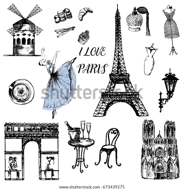 Set Hand Drawn Sketch Style France Stock Vector (Royalty Free) 673439275