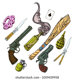 Set Hand Drawn Weapons Old School Stock Vector (Royalty Free ...