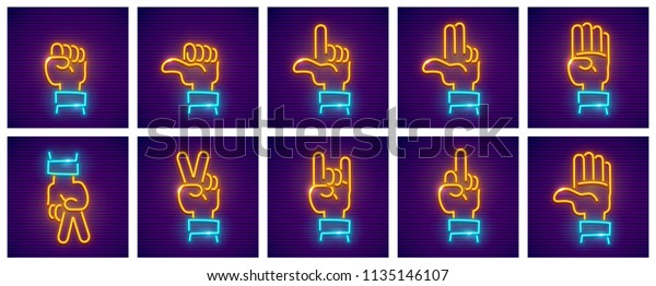 Set Hand Gestures Neon Icons Fingers Stock Vector (Royalty Free ...