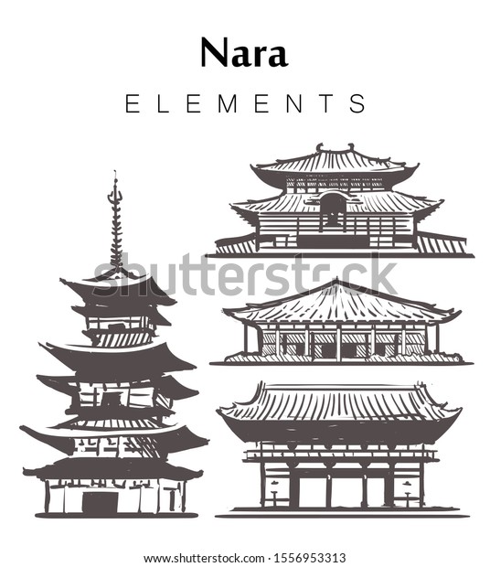 Set of hand-drawn Nara buildings, elements sketch vector illustration ...