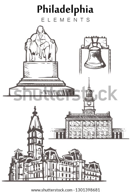 Set Handdrawn Philadeelphia Buildings Elements Sketch Stock Vector ...