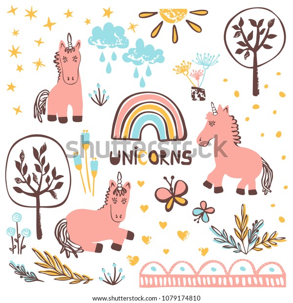 Set Handdrawn Unicorns Simple Vector Illustration Stock Vector (Royalty ...