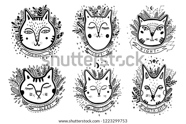 Set Happy Cat Drawing Style Drawing Stock Vector (Royalty Free ...