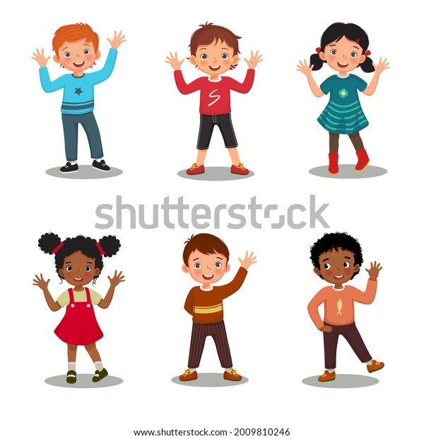 Set Happy Children Waving Hands Greeting Stock Vector (Royalty Free ...
