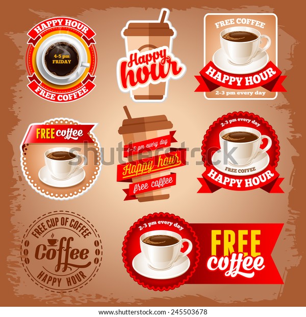 Set Happy Hour Free Coffee Labels Stock Vector (Royalty Free) 245503678 ...