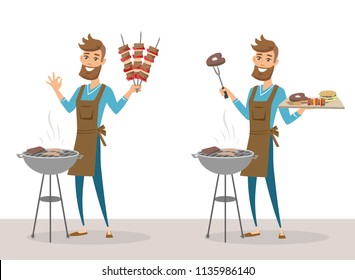 Set Happy Man Grilling Meat On Stock Vector (Royalty Free) 1135986140 ...