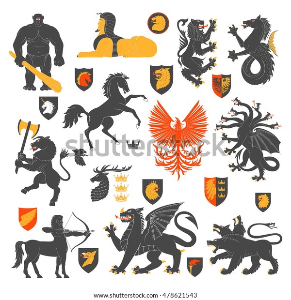 Set Heraldic Animals Elements Vector Illustration: เวกเตอร์สต็อก (ปลอด ...