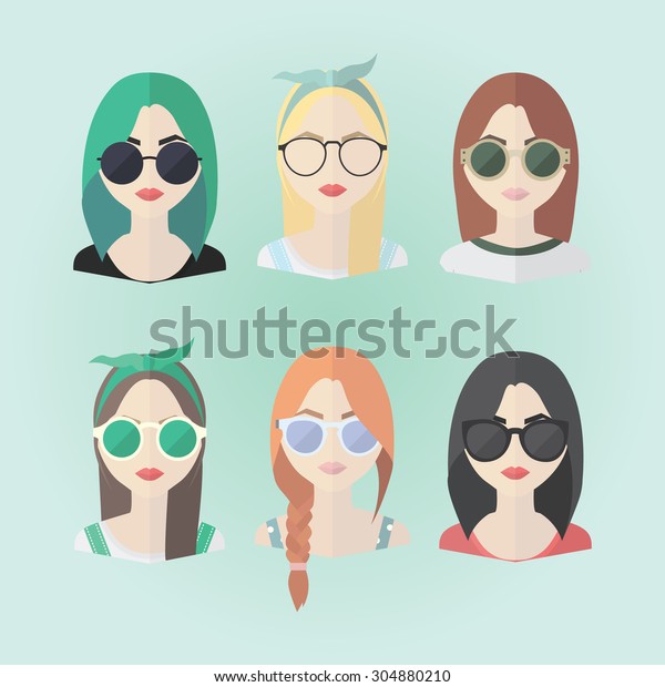 Set Hipster Girls Geek Glasses Flat Stock Vector Royalty Free 304880210 Shutterstock