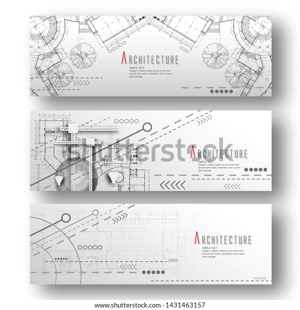 Set Horizontal Banners Architectural Blueprint Background Stock Vector ...