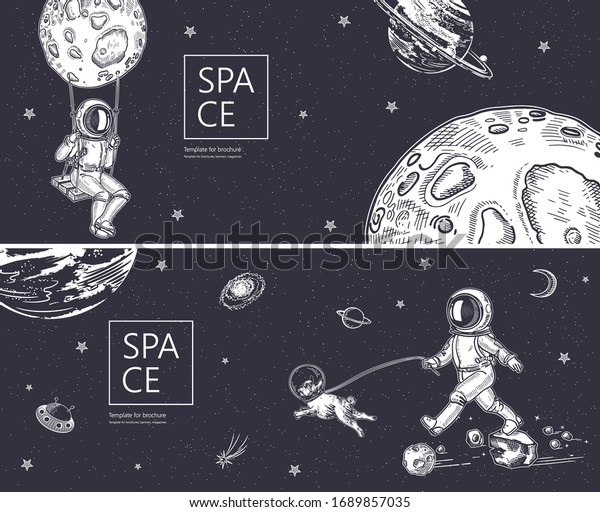 Set Horizontal Space Bannersoutline Astronaut Planets Stock Vector ...