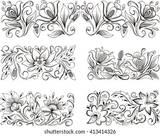Set Horizontal Symmetric Floral Patterns Vector Stock Vector (Royalty ...