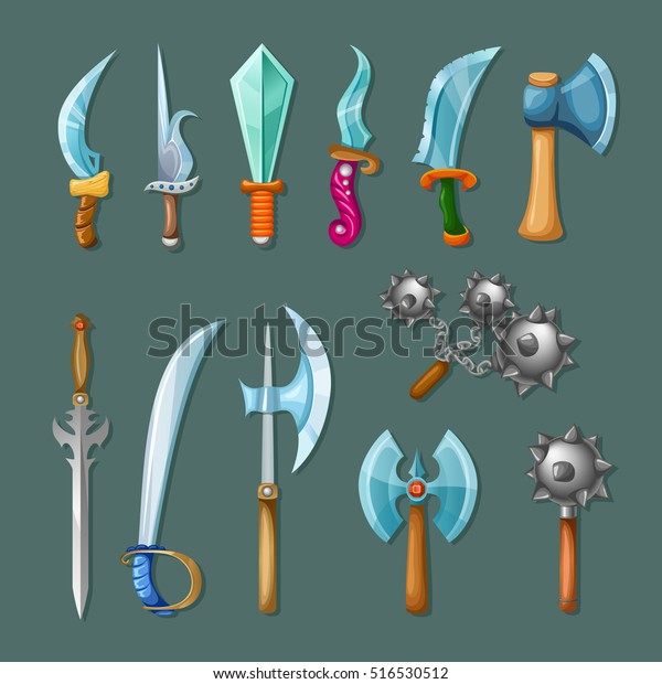 Set Icon Cartoon Isolated Colored Weapons: vetor stock (livre de ...