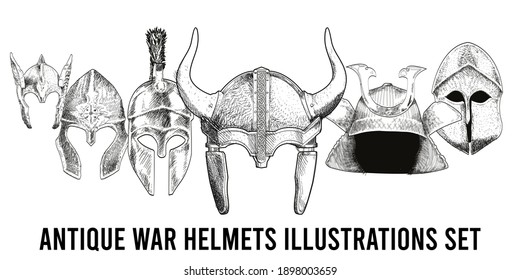 Set Illustrations Ancient War Helmets Stock Vector (Royalty Free ...