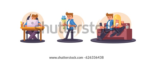 Set Illustrations Man Behind Desk Laptop Stock Vector (Royalty Free ...
