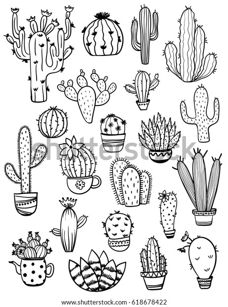Conjunto de cactus de boceto negro aislado e iconos suculentos ...