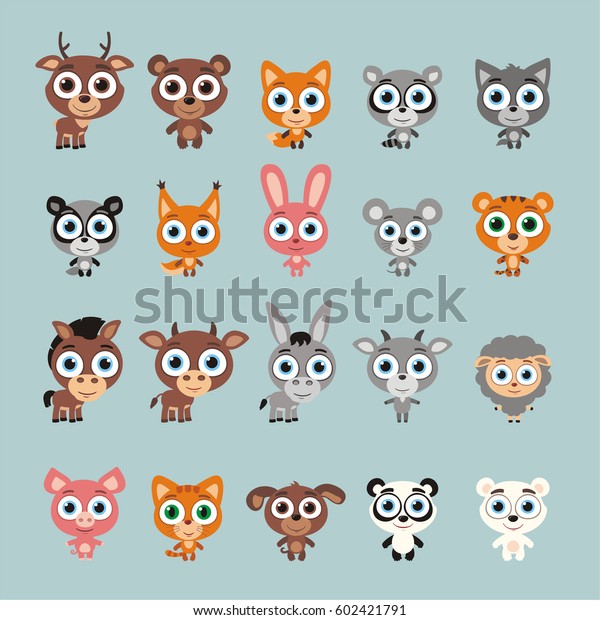 Set Isolated Funny Animals Big Eyes Stock Vector (Royalty Free) 602421791