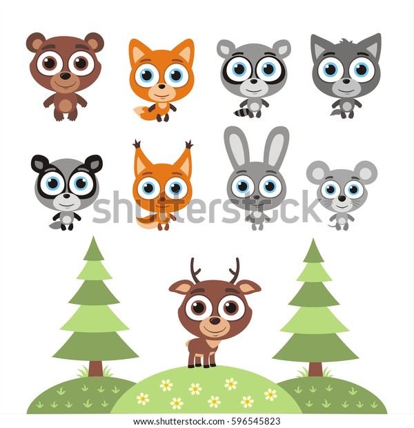 Set of isolated funny forest animals on white background: bear, fox ...