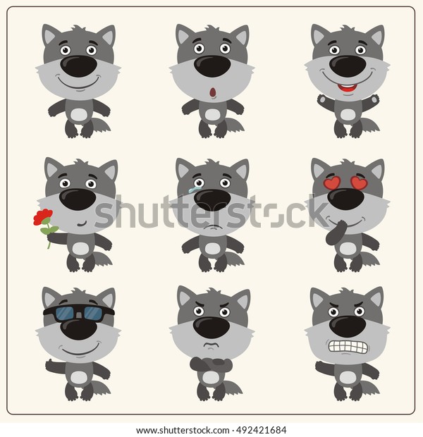 Set Isolated Funny Wolf Different Poses Stock Vector (Royalty Free ...