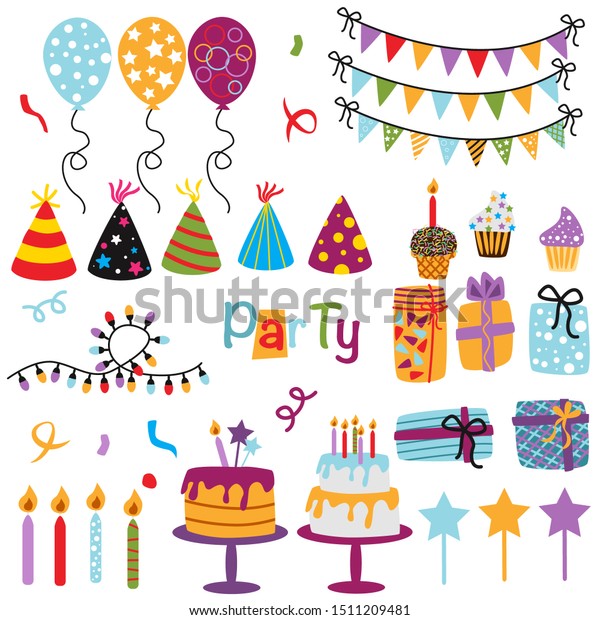 Set Isolated Happy Birthday Party Decorations 스톡 벡터(로열티 프리) 1511209481