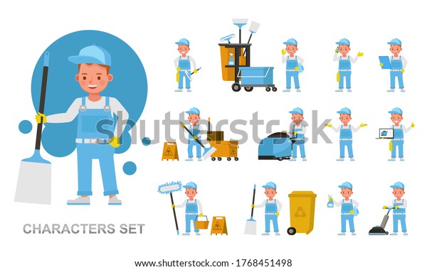 Set Janitor Kid Boy Working Character Stock Vector (Royalty Free ...