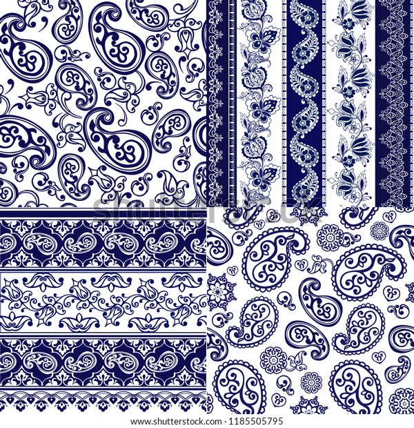 Set Lace Bohemian Seamless Borders Indigo Stock Vector (Royalty Free ...