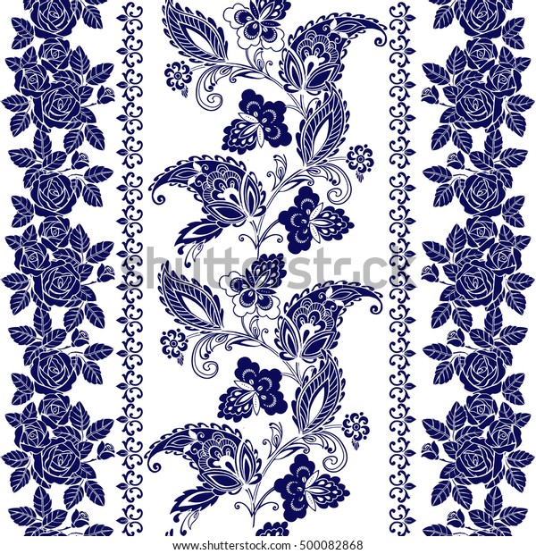 Set of Lace Bohemian Seamless Borders. Stripes with Blue Floral Motifs ...