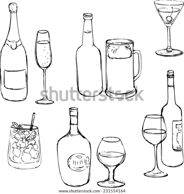 Set Line Drawing Alcohol Drinksglasses Bottleshand Stock Vector ...