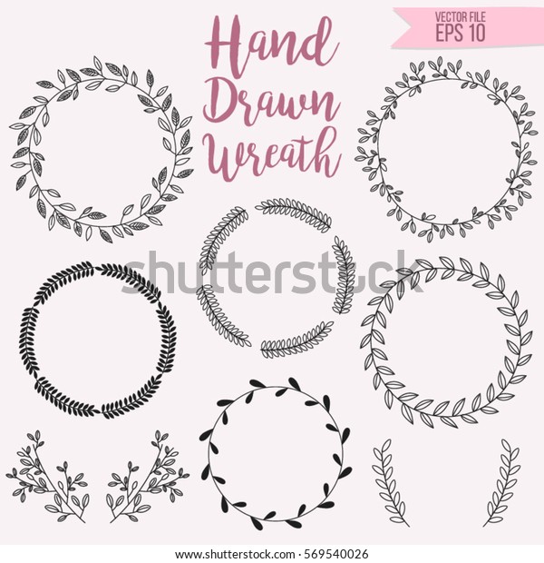 Set Line Hand Drawn Floral Wreath Stock Vector (Royalty Free) 569540026