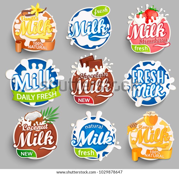 Conjunto de logotipos, etiquetas de leche fresca y leche con diferentes ...