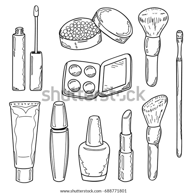 Set of makeup items outline: lipstick, mascara, powder, eye shadow, lip ...
