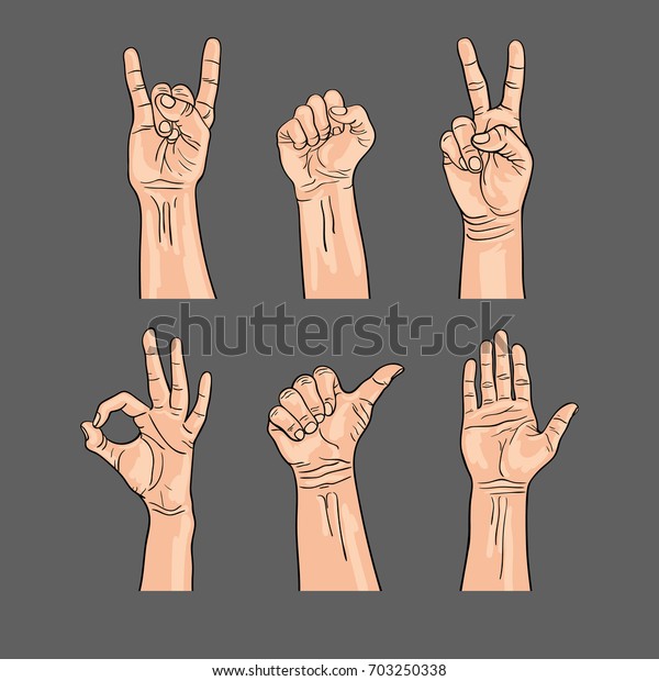 Set of man hands isolated on grey background. Arm. Vector illustration.