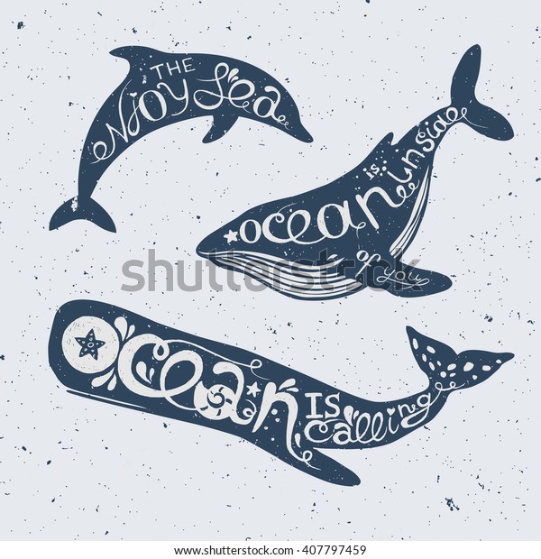 Set Marine Animals Lettering Dolphin Cachalot Stock Vector (Royalty ...