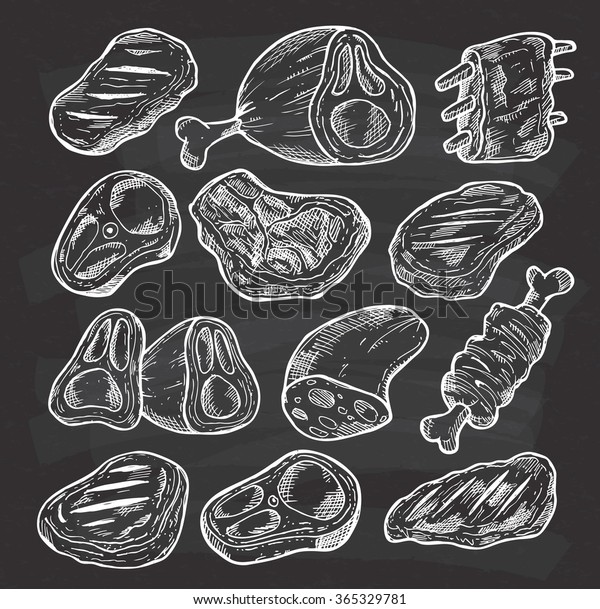 Set Meat Doodle On Chalkboard Background Stock Vector (Royalty Free ...