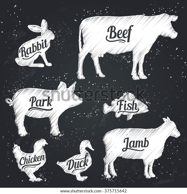 Set Meat Symbols Beef Pork Chicken Stock Vector (Royalty Free) 375715642