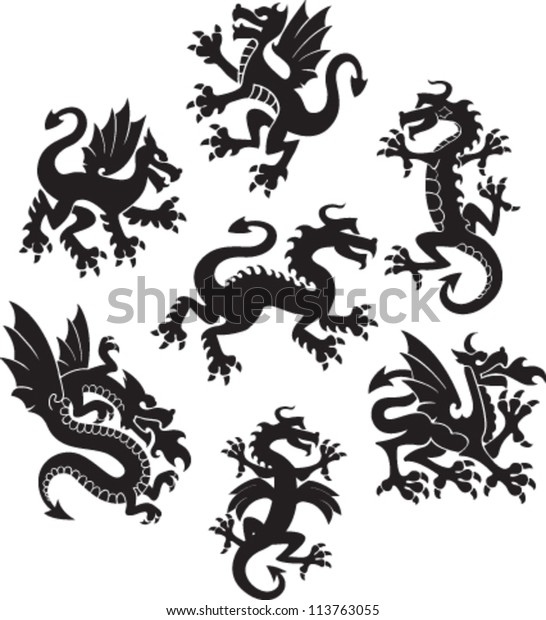 Set Medieval Dragon Symbols Stock Vector (Royalty Free) 113763055
