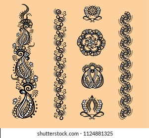 Set Mehndi Flower Pattern Seamless Border: стоковая векторная графика ...