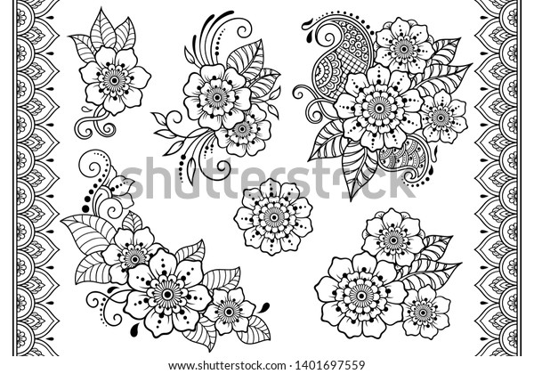 Set Mehndi Flower Pattern Seamless Border Stock Vector (Royalty Free ...