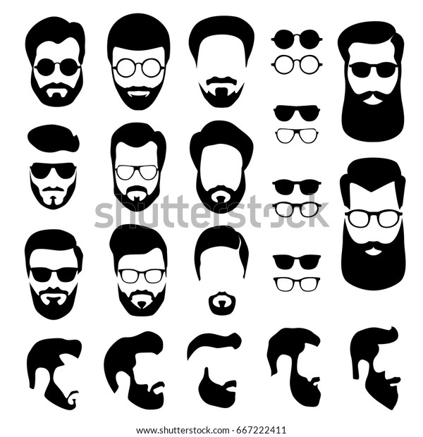 Set Of Mens Faces With Different Haircuts Mustaches Beards And