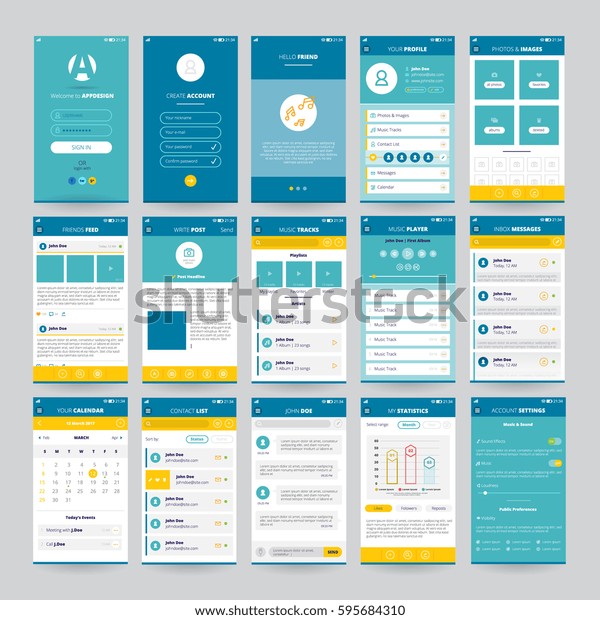 Set of mobile screens with UI for applications including music player ...