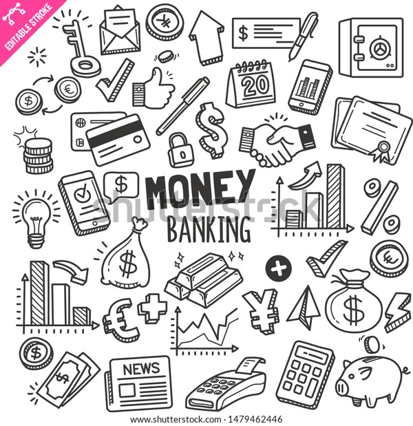 Set of money and banking related objects and elements. Hand drawn ...