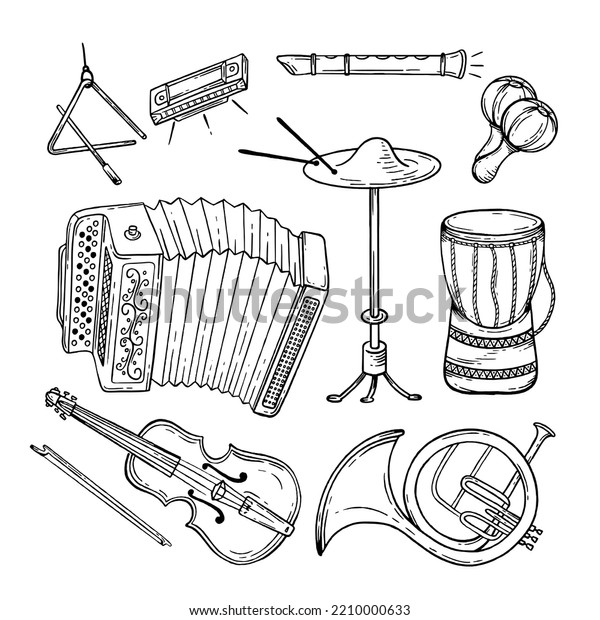 Set Musical Instruments Hand Drawn Style Stock Vector (Royalty Free ...