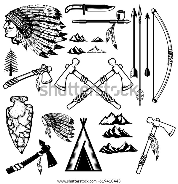 Set Native Americans Weapon Mountains Icons Stock Vector (Royalty Free ...