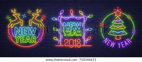 Set Neon Logo Label Emblem Happy Stock Vector (Royalty Free) 750346621 ...